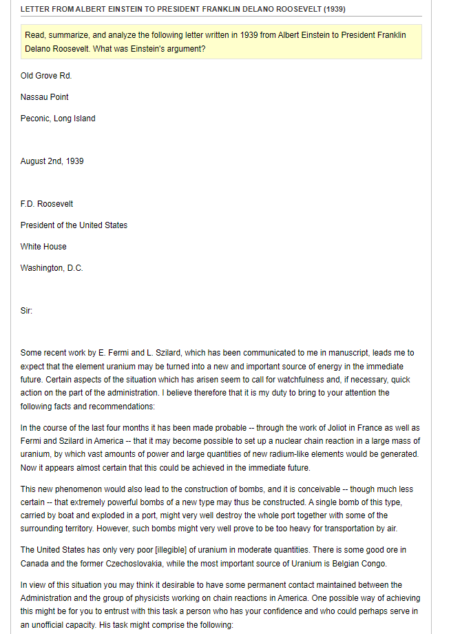 Solved LETTER FROM ALBERT EINSTEIN TO PRESIDENT FRANKLIN | Chegg.com