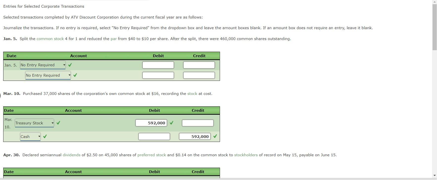 Solved Entries for Selected Corporate Transactions Selected | Chegg.com
