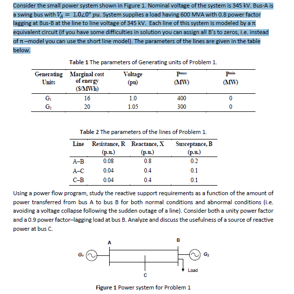 Consider the small power system shown in Figure 1. | Chegg.com