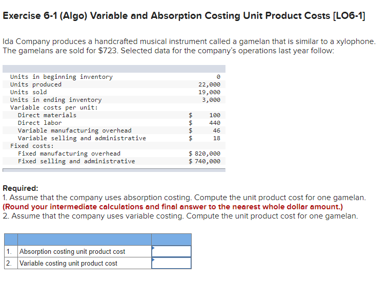 Solved Exercise 6-1 (Algo) Variable and Absorption Costing | Chegg.com