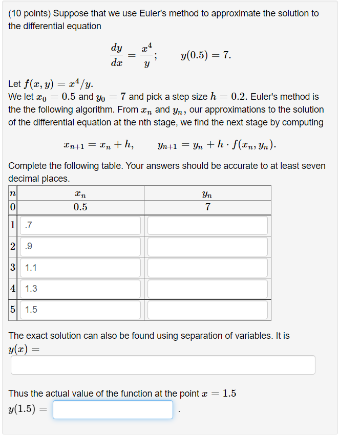 Solved (10 points) Suppose that we use Euler's method to | Chegg.com