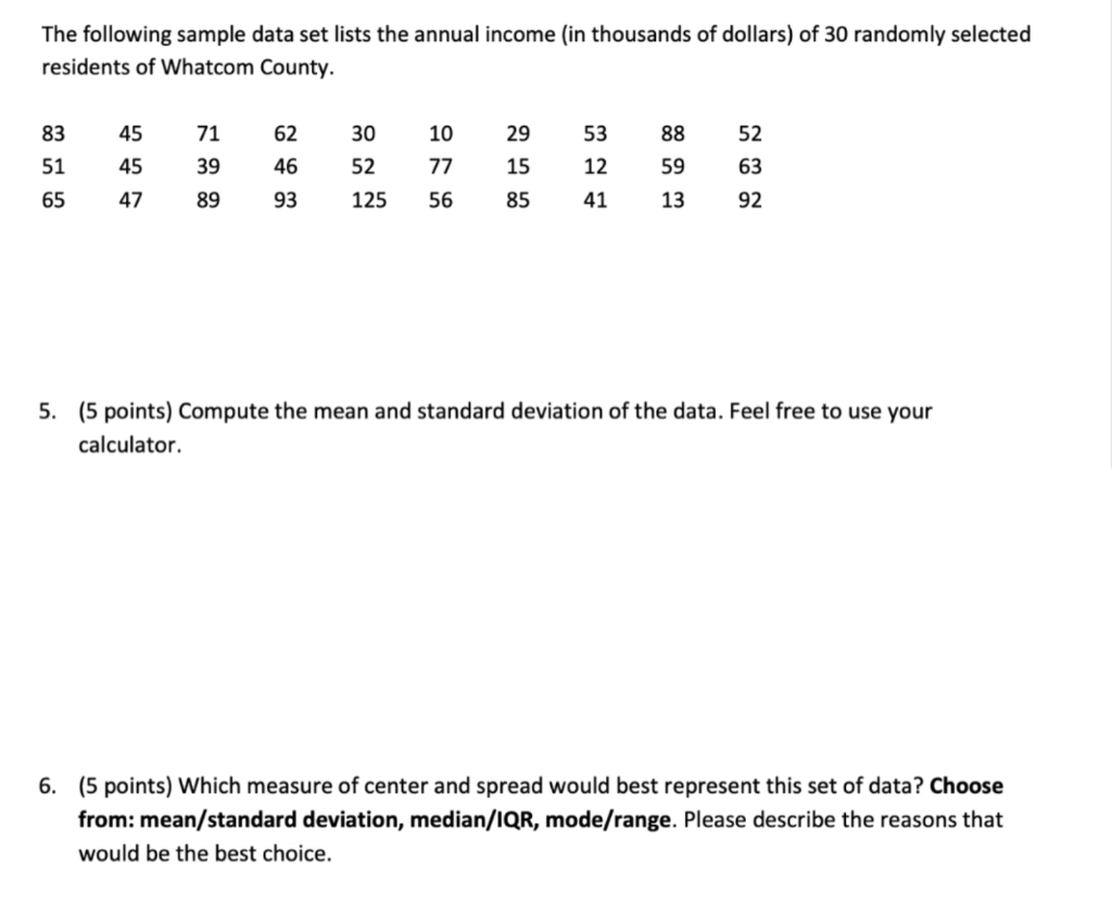 Solved The following sample data set lists the annual income | Chegg.com