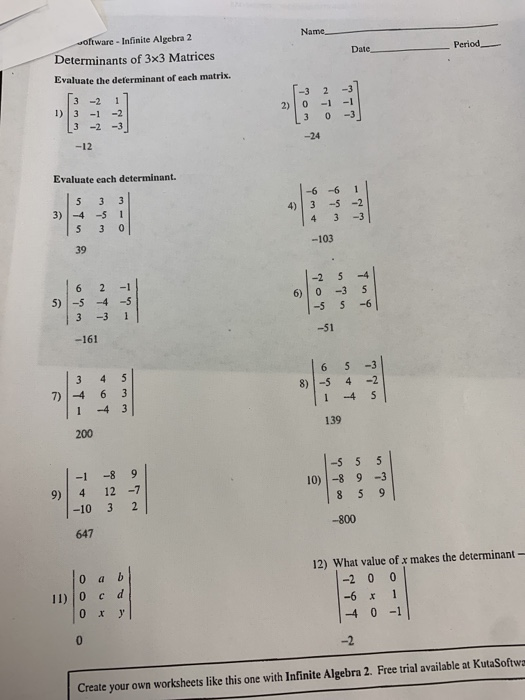 Solved Name, ware - Infinite Algebra 2 Determinants of 3x3 | Chegg.com