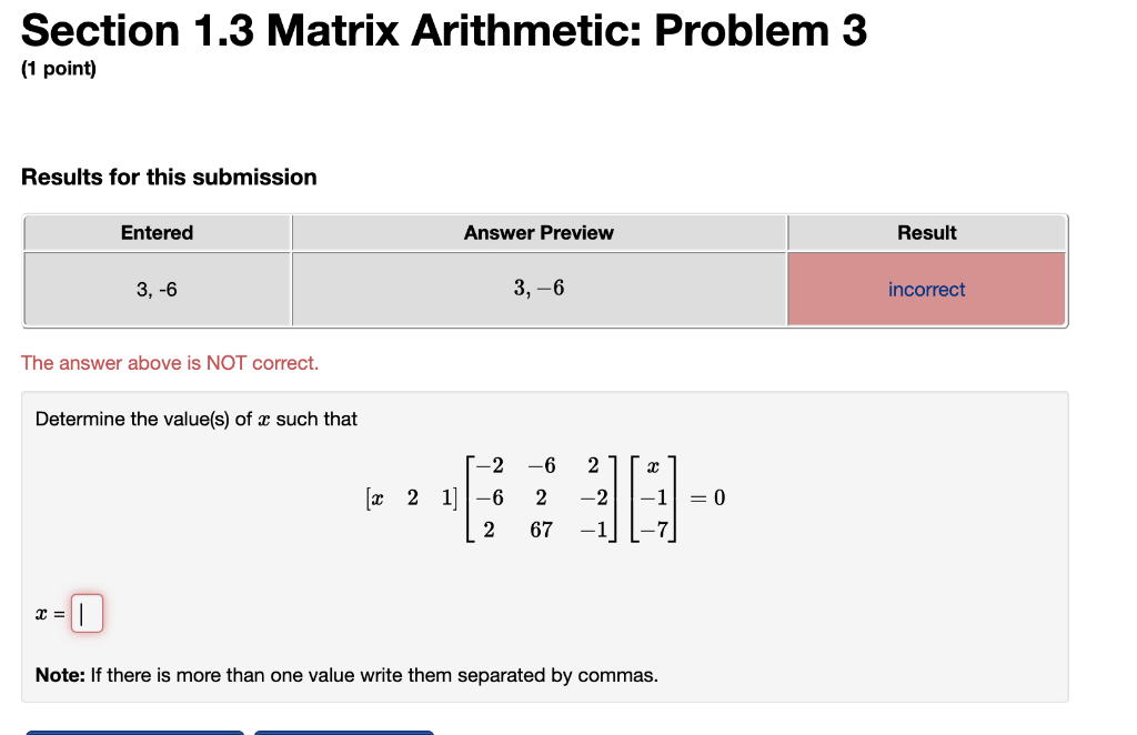 Solved Section 1.3 Matrix Arithmetic: Problem 3 (1 point) | Chegg.com