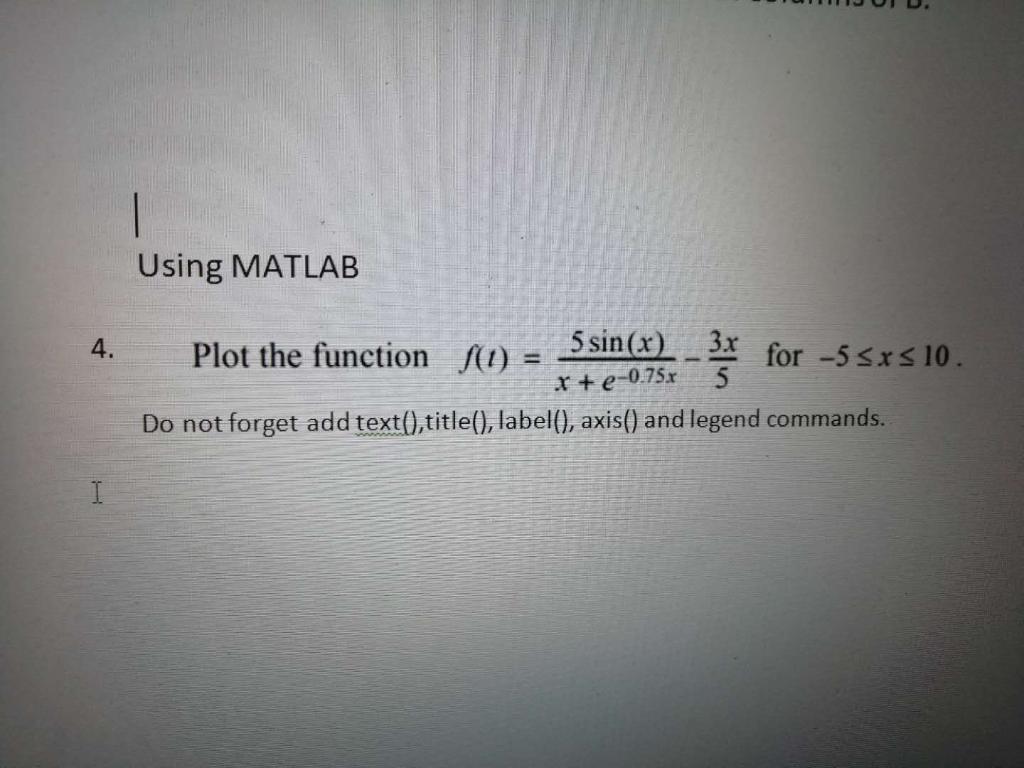 Solved Using MATLAB 4. Plot the function (1) = 5sin(x) _ 3x | Chegg.com