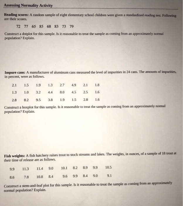 Solved Assessing Normality Activity Reading scores: A random | Chegg.com