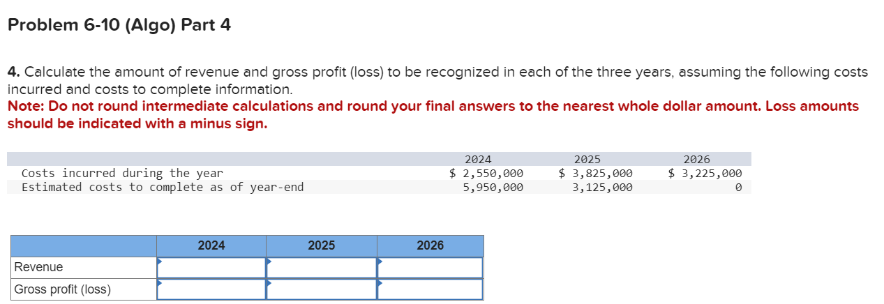 Solved Problem 6-10 (Algo) Long-term contract; revenue | Chegg.com