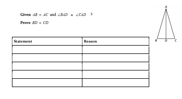 Solved Given AB = 4C and ZBAD = ZCAD 3. Prove BD - CD | Chegg.com