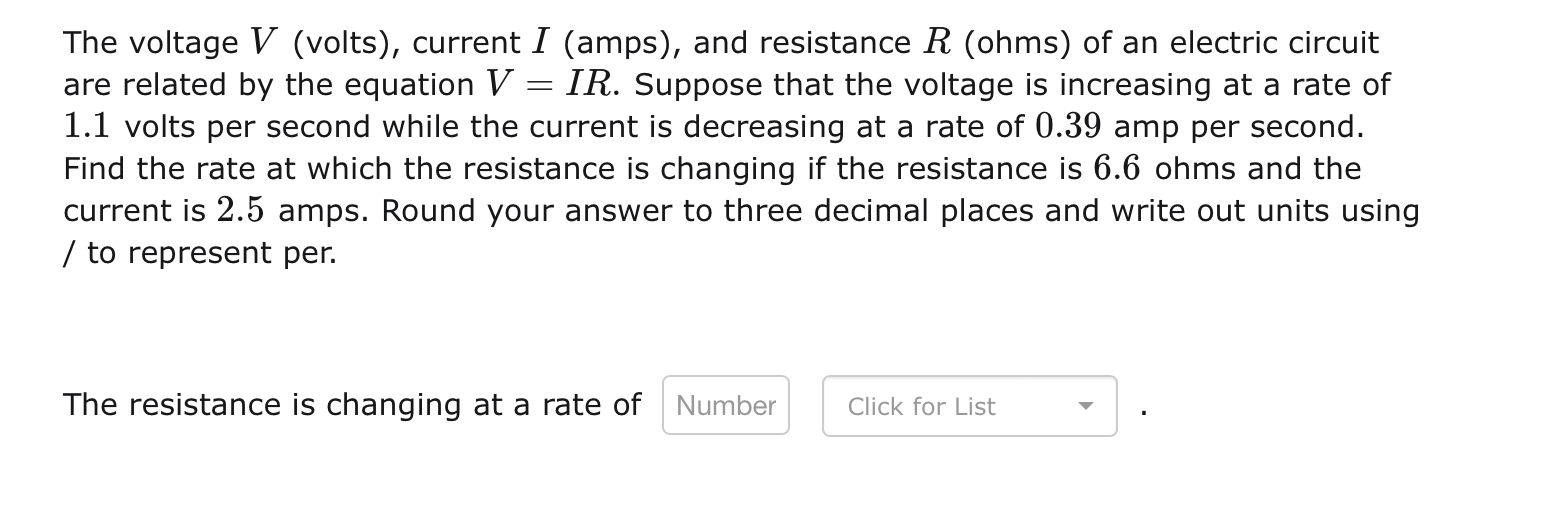 Solved The voltage V (volts), current I (amps), and | Chegg.com