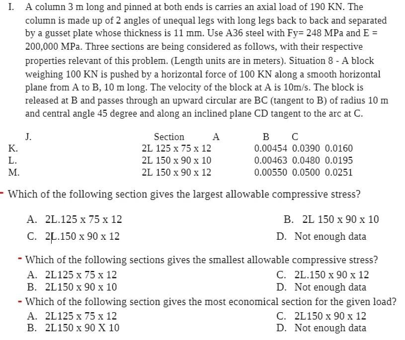 Solved I. A column 3 m long and pinned at both ends is | Chegg.com