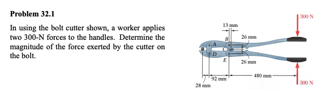 Solved Problem 32.1 In using the bolt cutter shown, a worker | Chegg.com