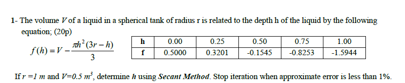 Solved 1- The volume V of a liquid in a spherical tank of | Chegg.com