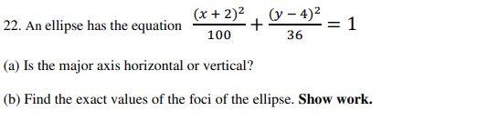 Solved 22. An ellipse has the equation 100(x+2)2+36(y−4)2=1 | Chegg.com