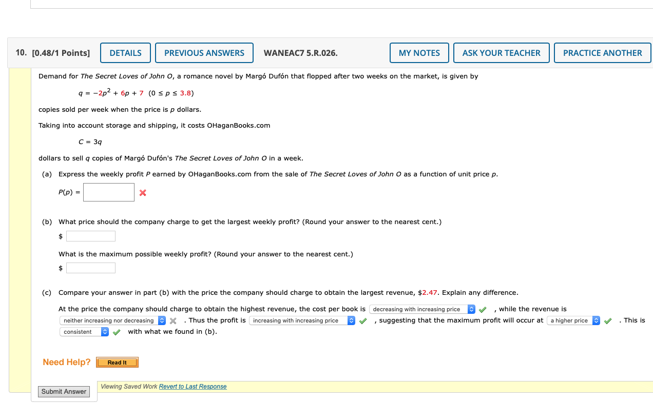 Solved 10. (0.48/1 Points) DETAILS PREVIOUS ANSWERS WANEAC7 | Chegg.com