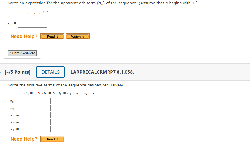 Solved Write an expression for the apparent nth term (an) | Chegg.com