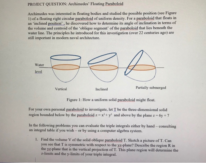 Solved PROJECT QUESTION: Archimedes' Floating Paraboloid | Chegg.com