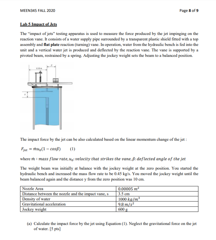 MEEN345 FALL 2020 Page 8 of 9 Lab 5 Impact of Jets | Chegg.com