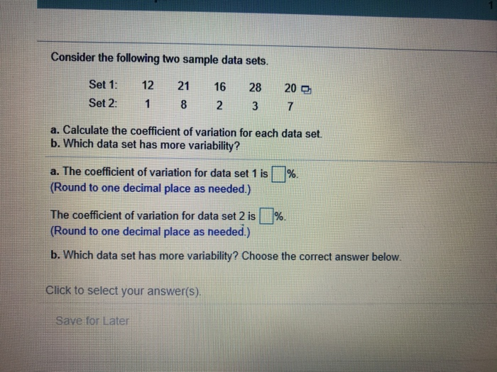 Solved Consider the following two sample data sets Set 1: 12 | Chegg.com