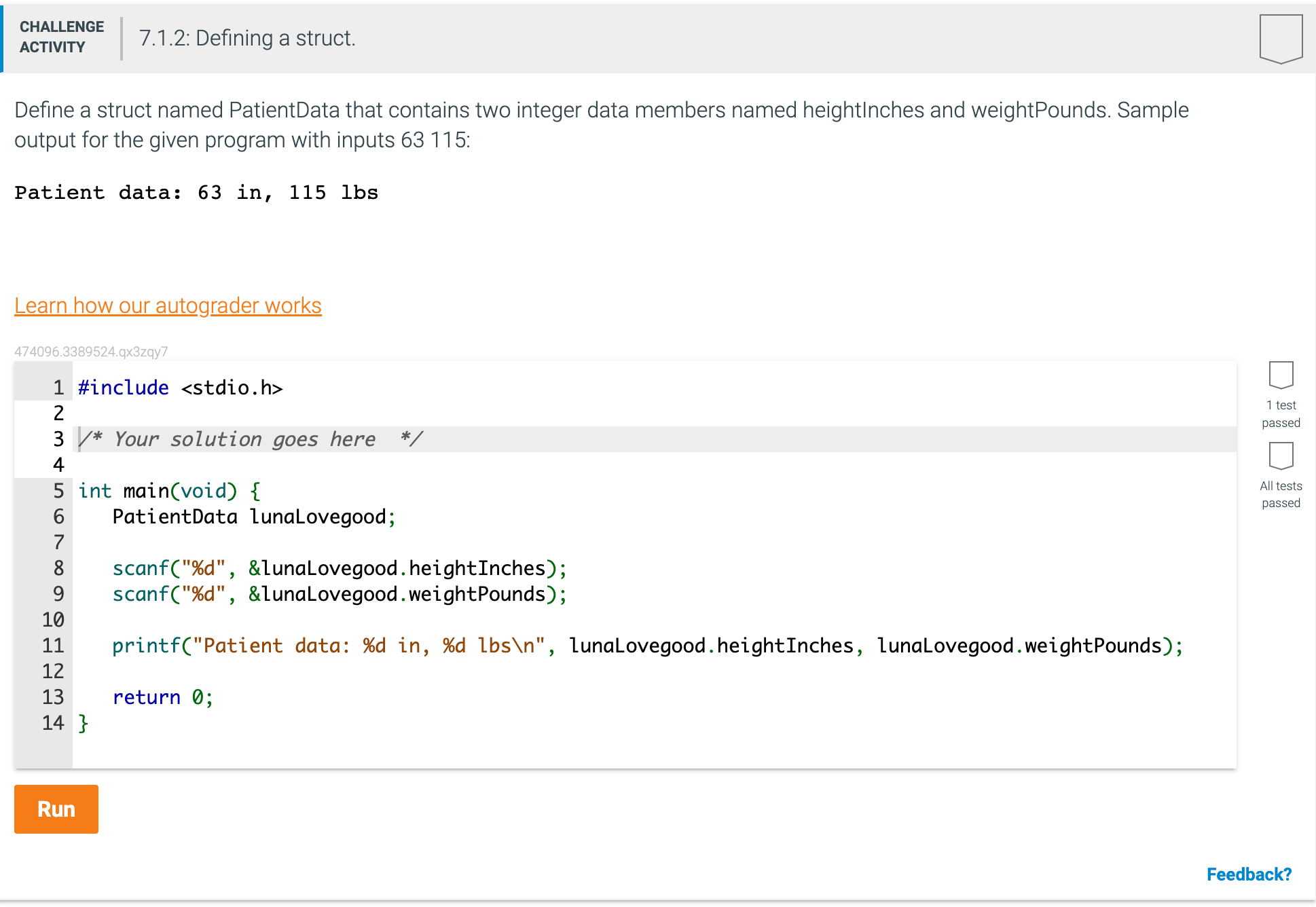 Solved Challenge Activity 7 1 2 Defining A Struct Define A