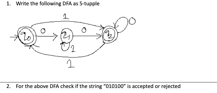 Solved 1. Write the following DFA as 5-tupple 1 2 2. For the | Chegg.com
