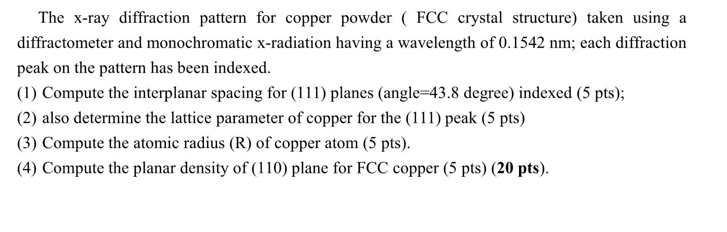 Solved The x-ray diffraction pattern for copper powder ( FCC | Chegg.com