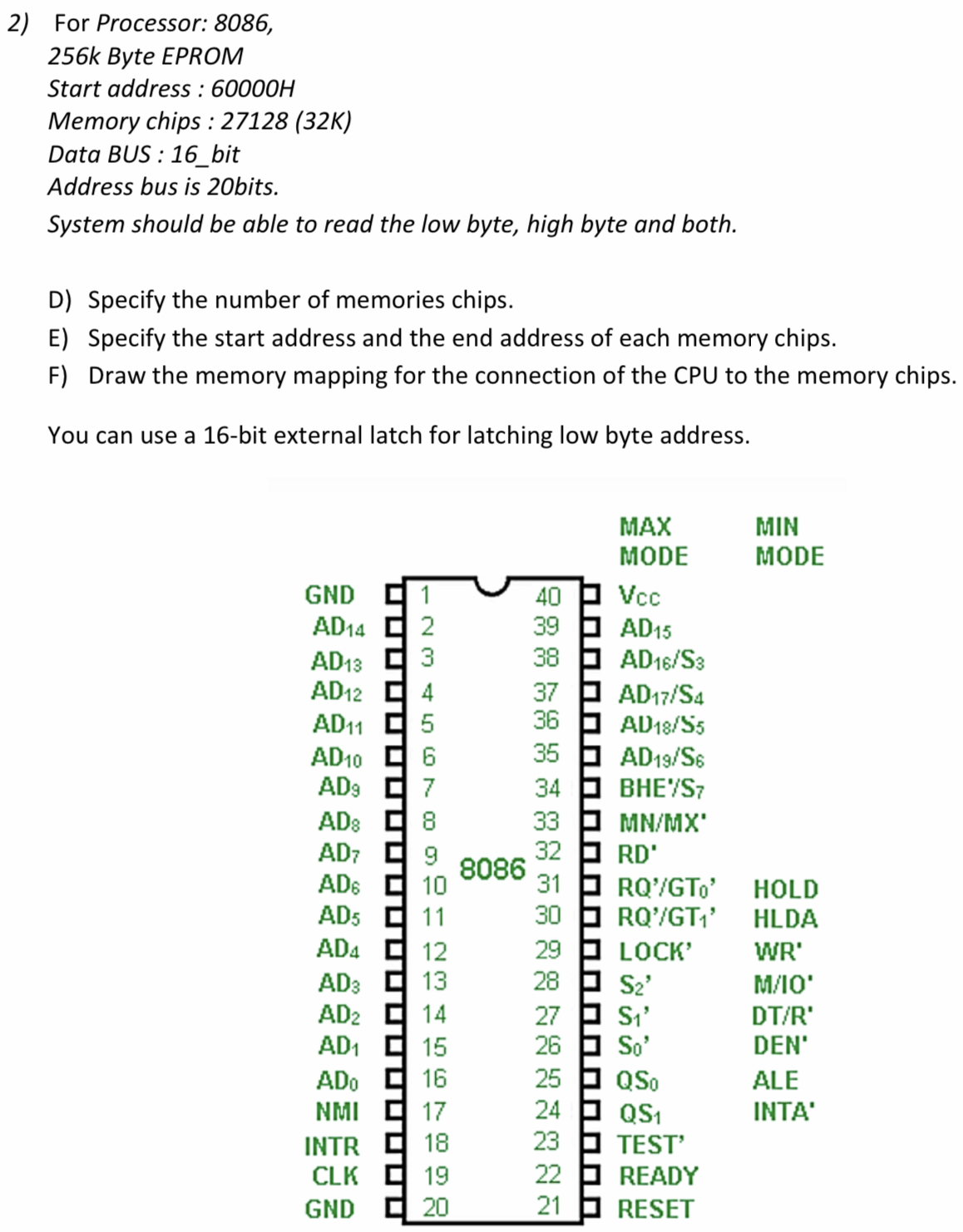 Solved 2)For Processor: 8086,256k Byte EPROMStart address : | Chegg.com