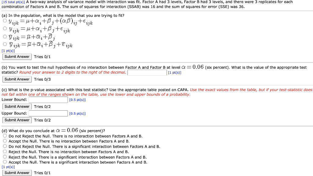 Solved (15 total pt(s)] A two-way analysis of variance model | Chegg.com