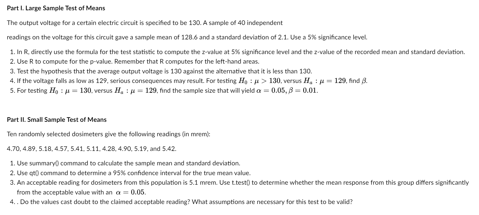 Solved Part I. Large Sample Test of Means The output voltage | Chegg.com