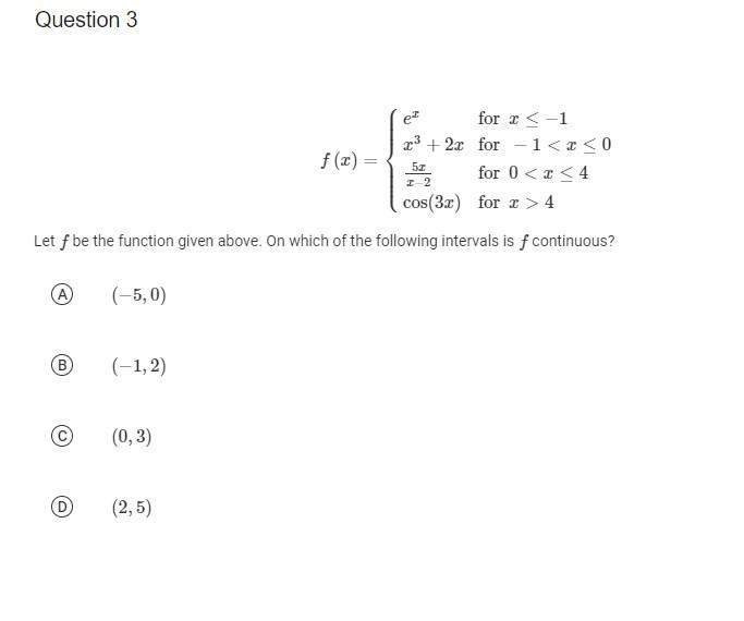 Solved f(x)=⎩⎨⎧exx3+2xx−25xcos(3x) for x≤−1 for −1 | Chegg.com