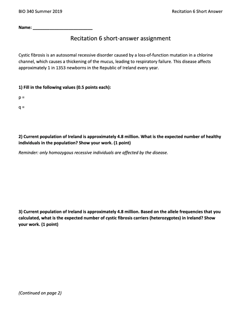 Solved Recitation 6 Short Answer BIO 340 Summer 2019 Name: | Chegg.com Solved Recitation 6 Short Answer BIO 340 Summer 2019 Name: | Chegg.com