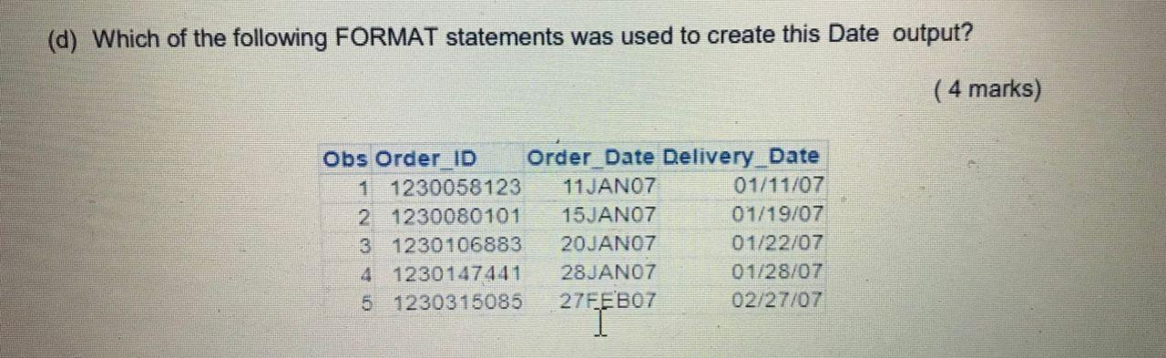 Solved (d) Which of the following FORMAT statements was used | Chegg.com