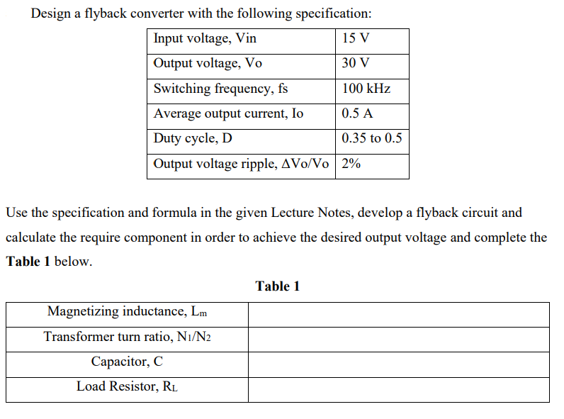 Solved Design a flyback converter with the following | Chegg.com