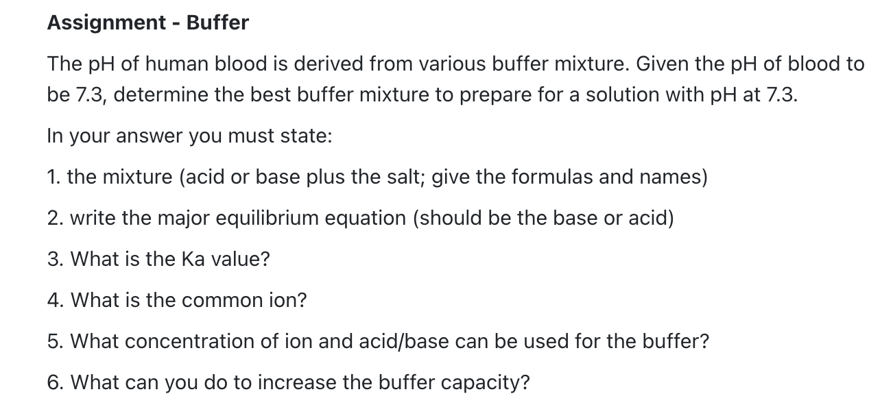 Solved Assignment - Buffer The pH of human blood is derived | Chegg.com