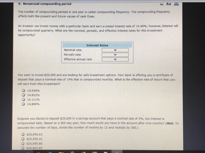 Solved 9. Nonannual compounding period Aa Aa The number of | Chegg.com