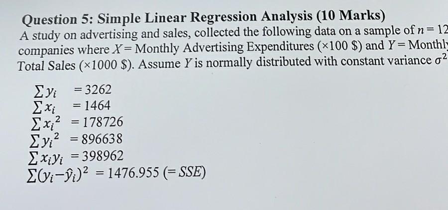 Solved Question 5: Simple Linear Regression Analysis (10 | Chegg.com