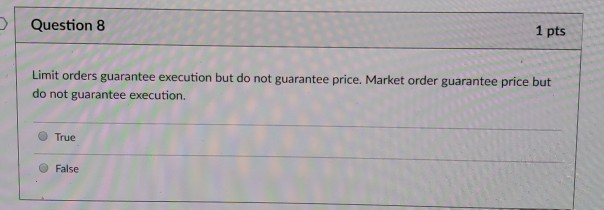 Solved 1 pts Question 8 Limit orders guarantee execution but | Chegg.com