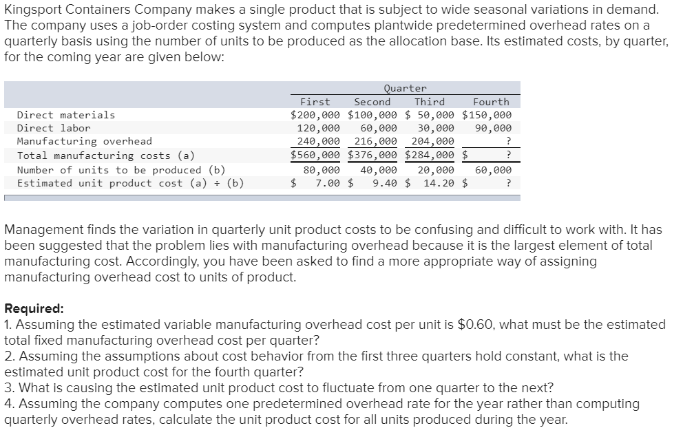 Solved Kingsport Containers Company makes a single product | Chegg.com