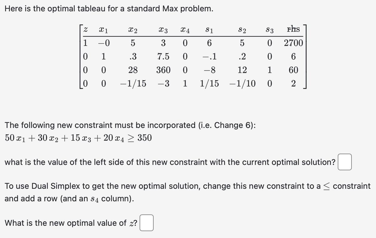 Solved Here is the optimal tableau for a standard Max | Chegg.com