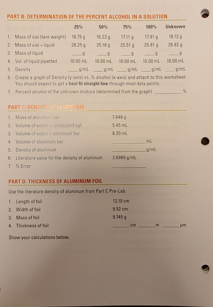 Solved PART B: DETERMINATION OF THE PERCENT ALCOHOL IN A | Chegg.com
