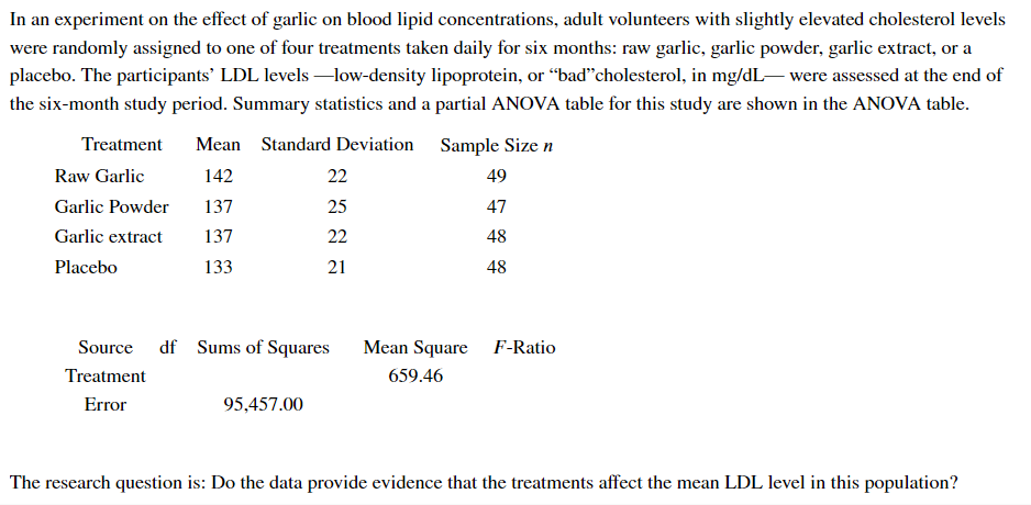 Solved In an experiment on the effect of garlic on blood | Chegg.com