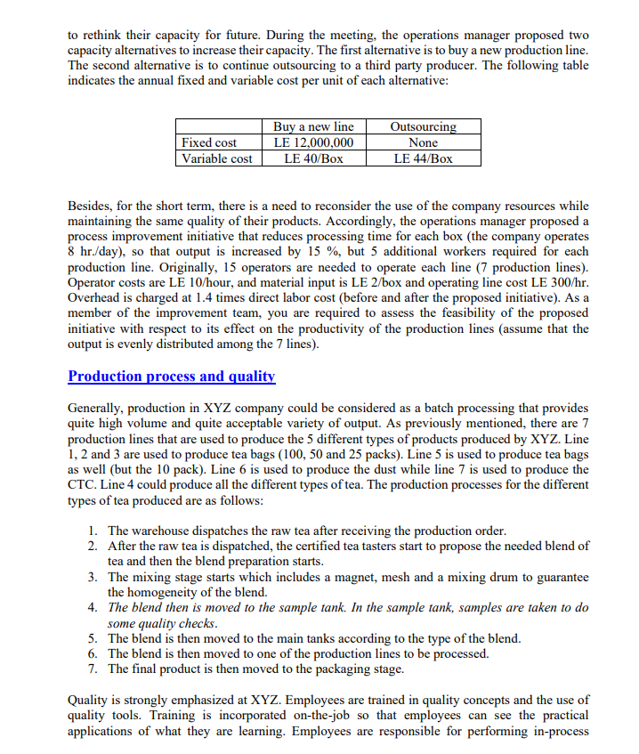 Solved Operations Management Project XYZ Company for Tea | Chegg.com