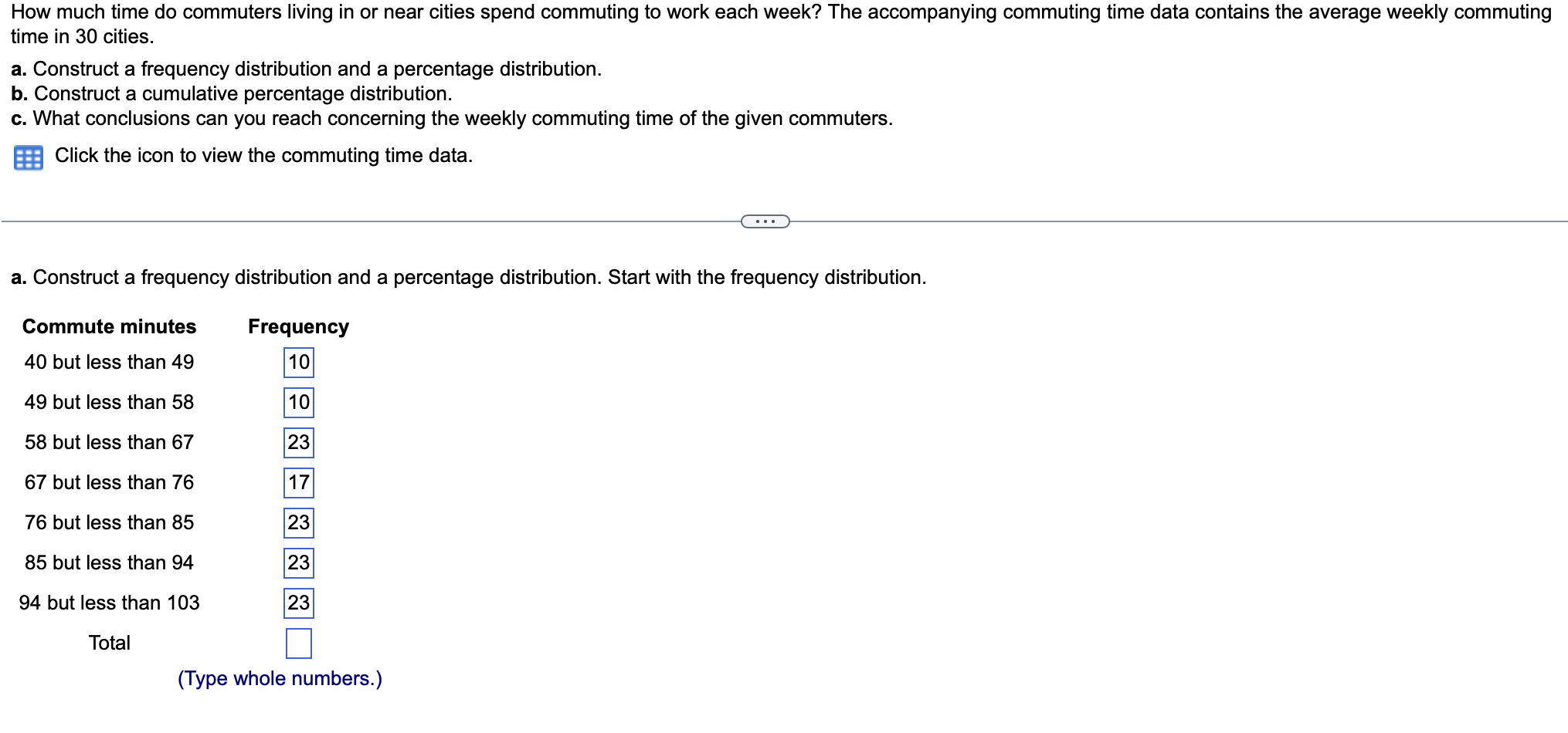 Solved time in 30 ﻿cities.a. ﻿Construct a frequency | Chegg.com