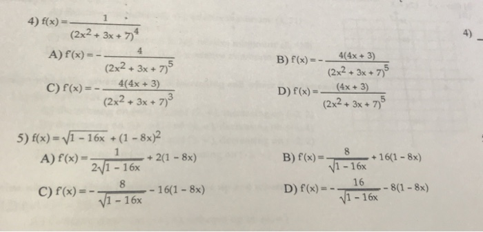 Solved 4)f(x)= 4 (2x2+3x+7) 4) A) f(x) =- B) f)43 (2x2 + 3x+ | Chegg.com