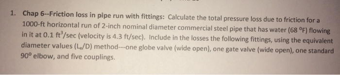 Solved Friction loss in pipe run with fittings: Calculate | Chegg.com