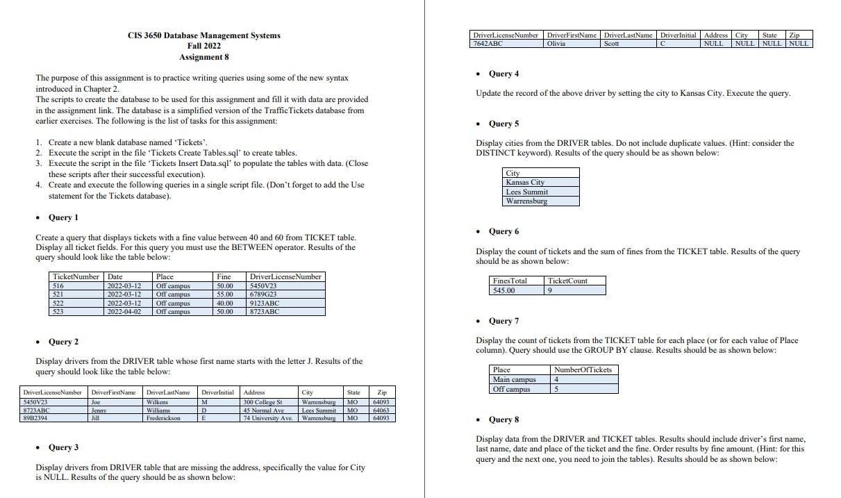 CIS 3650 Database Management Systems Fall 2022 | Chegg.com