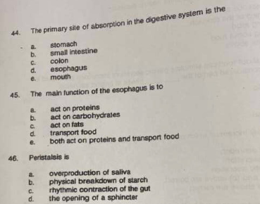 Solved 44. The primary site of absorption in the digestive | Chegg.com
