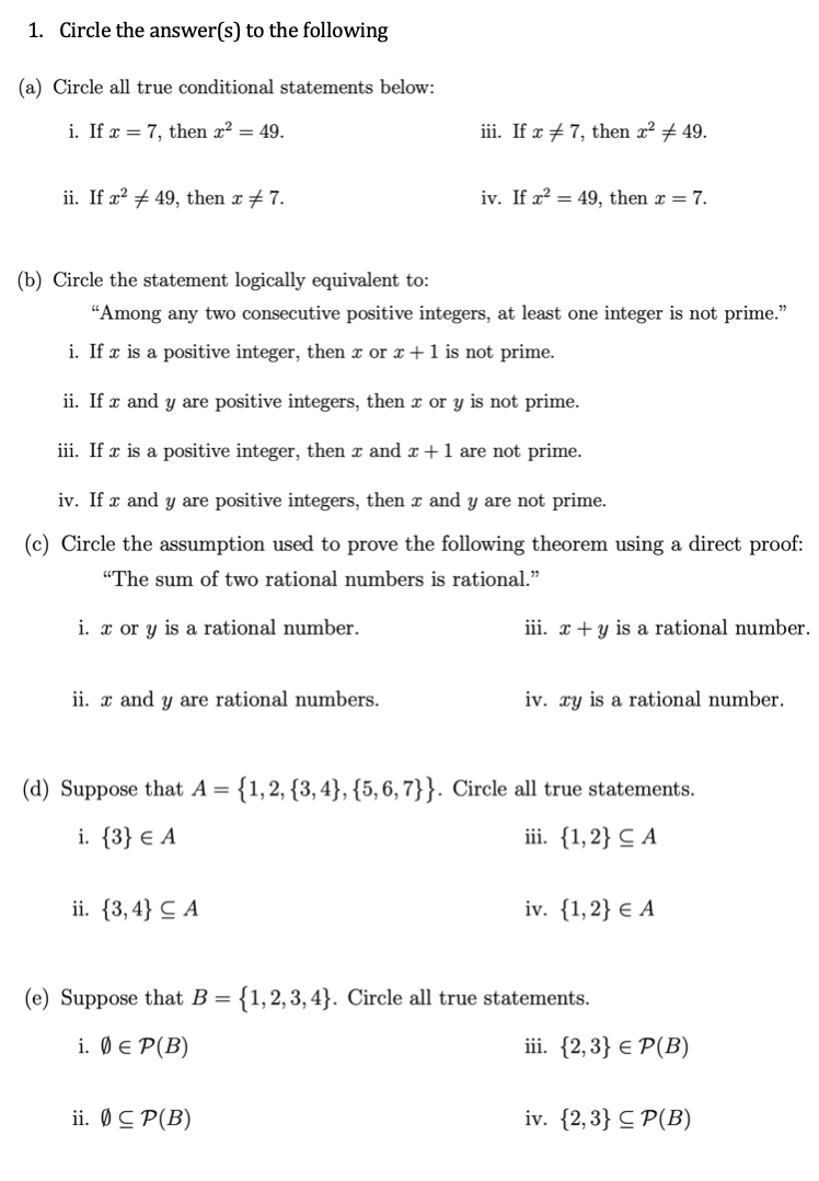 Solved 1. Circle the answer(s) to the following (a) Circle | Chegg.com
