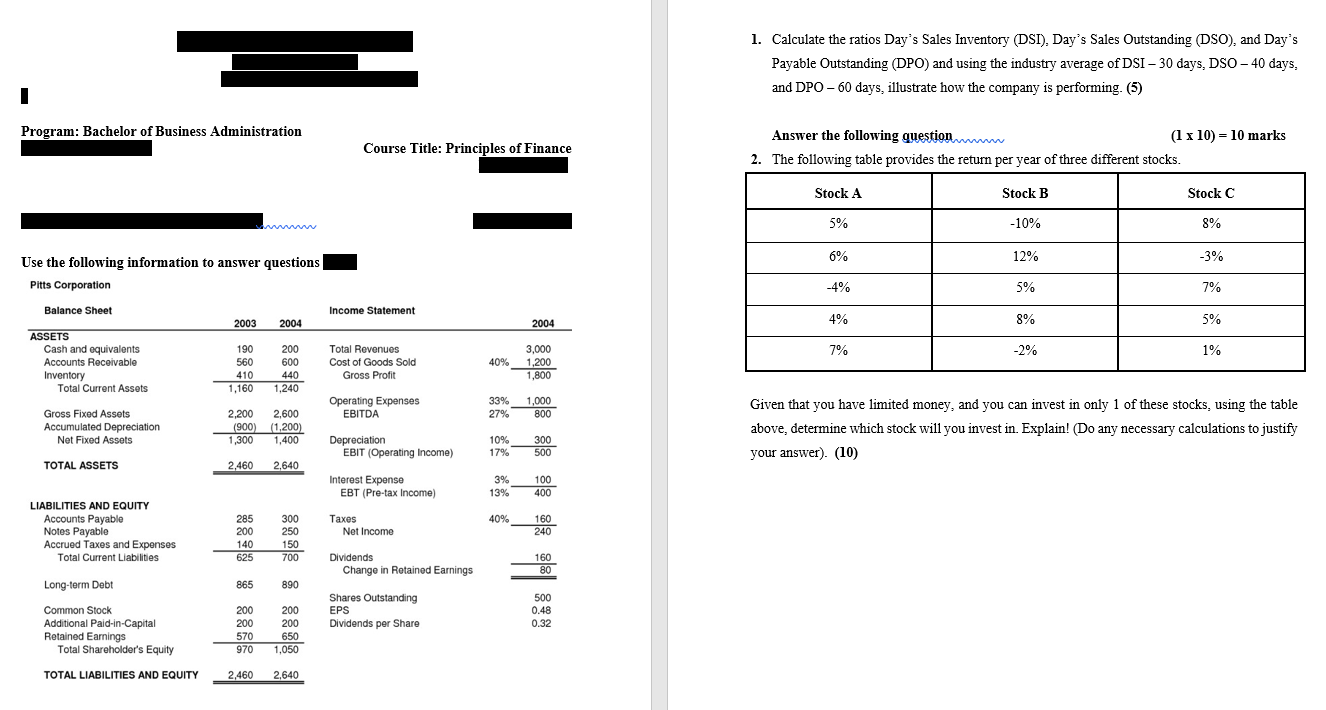 1. Calculate the ratios Day's Sales Inventory (DSI), | Chegg.com
