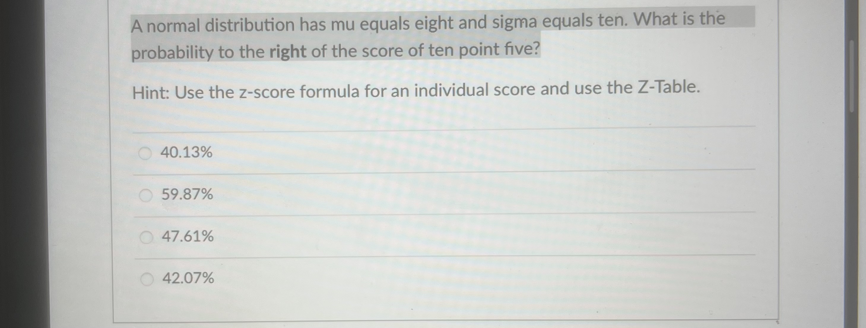 Solved A normal distribution has mu equals eight and sigma | Chegg.com