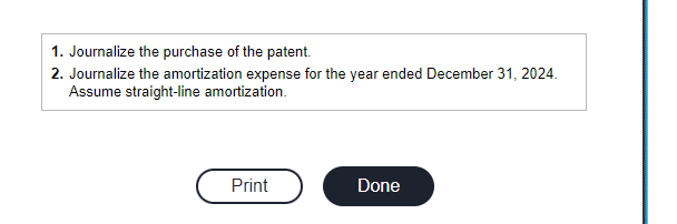 Solved 1. Journalize the purchase of the patent. 2. | Chegg.com